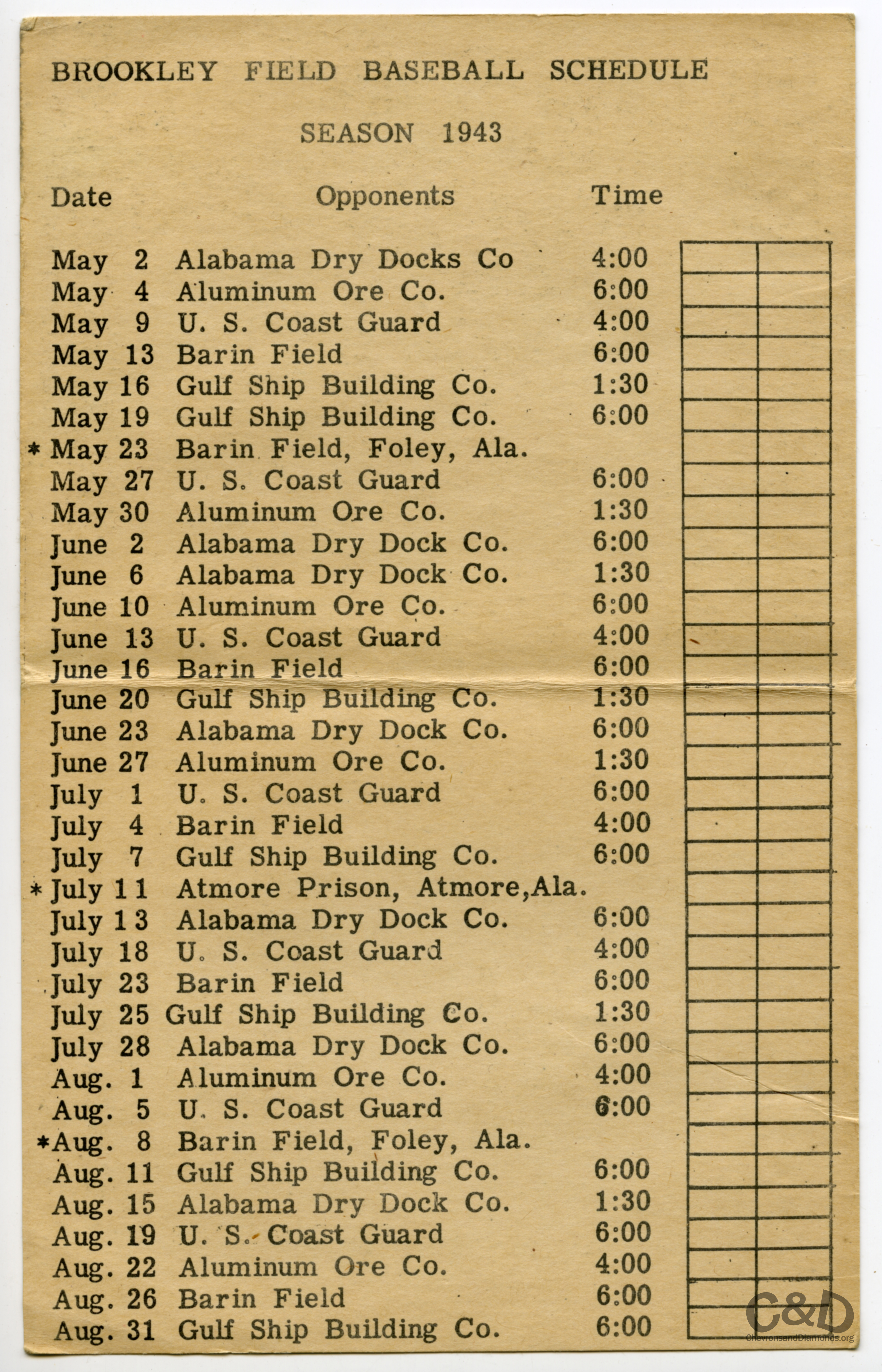 1943 Brookley Field – Season Schedule and Roster – Chevrons and Diamonds