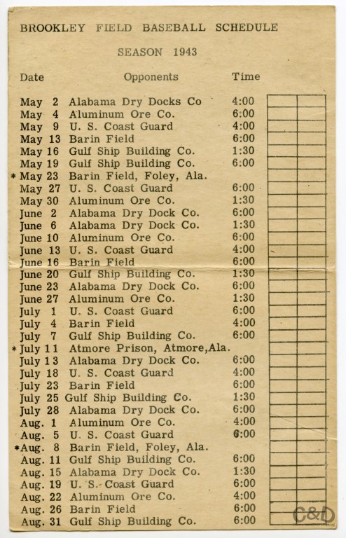 1943 Brookley Field – Season Schedule and Roster – Chevrons and Diamonds