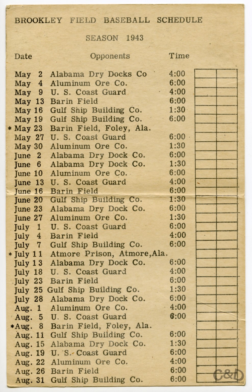 1943 Brookley Field – Season Schedule and Roster – Chevrons and Diamonds